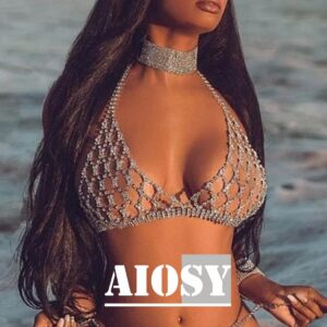 Aiosy Boho Body Chain Bra Silver Sexy Rhinestone Bikini Bra Body Halter Backless Sequins Chain Bra Beach Body Accessories Jewelry for Women (Silver Bra)