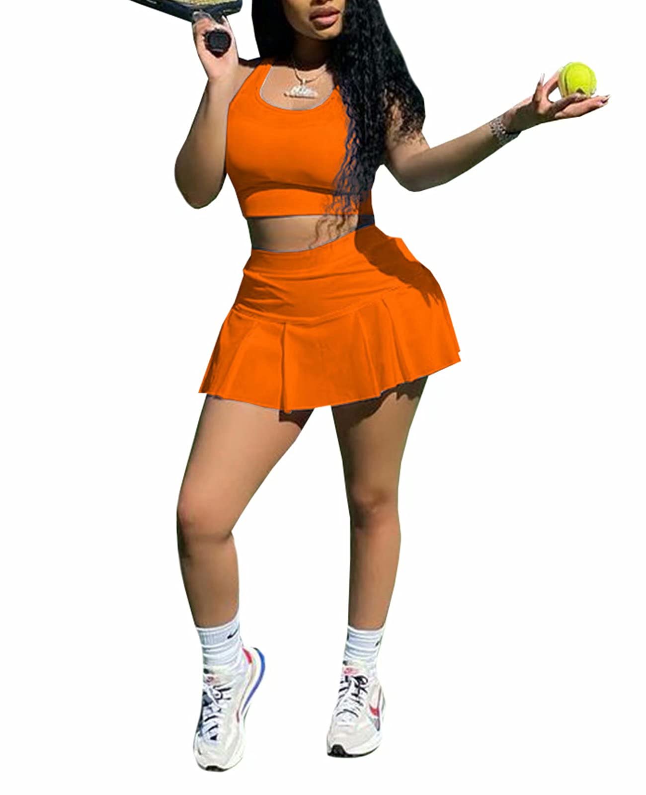 Sexy Sports 2 Piece Outfits - Slim Tank Crop Top High Waist Tennis Golf Pleated Skirt Bodycon Athletic Suit Orange M