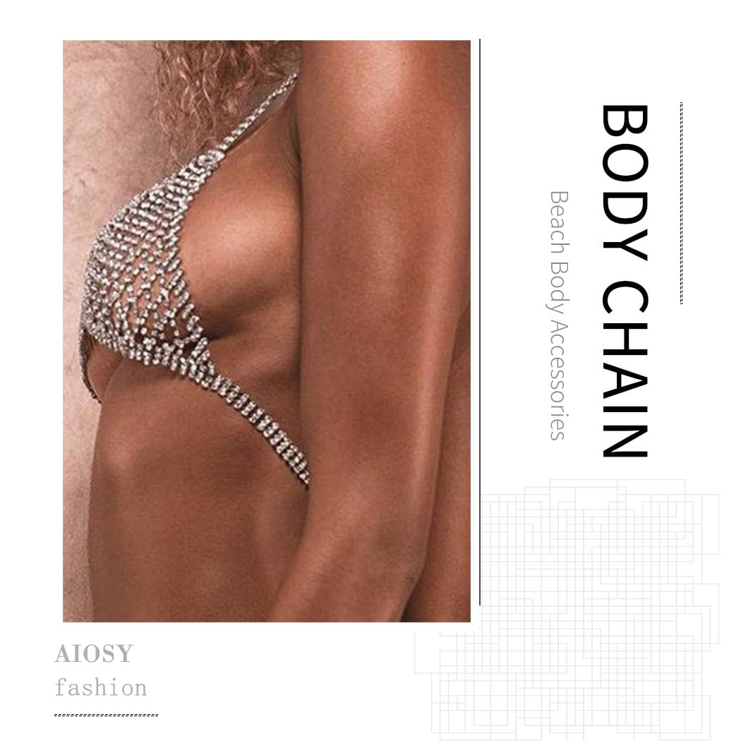 Aiosy Boho Body Chain Bra Silver Sexy Rhinestone Bikini Bra Body Halter Backless Sequins Chain Bra Beach Body Accessories Jewelry for Women (Silver Bra)