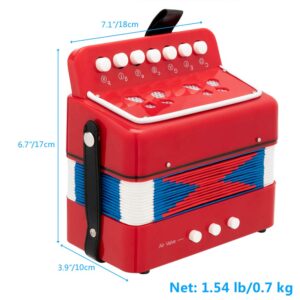 10 Keys Button Accordion for Kids ,Mini Accordian Musical Instrument for Early Childhood Development ,Gift for Family, Beginners Red