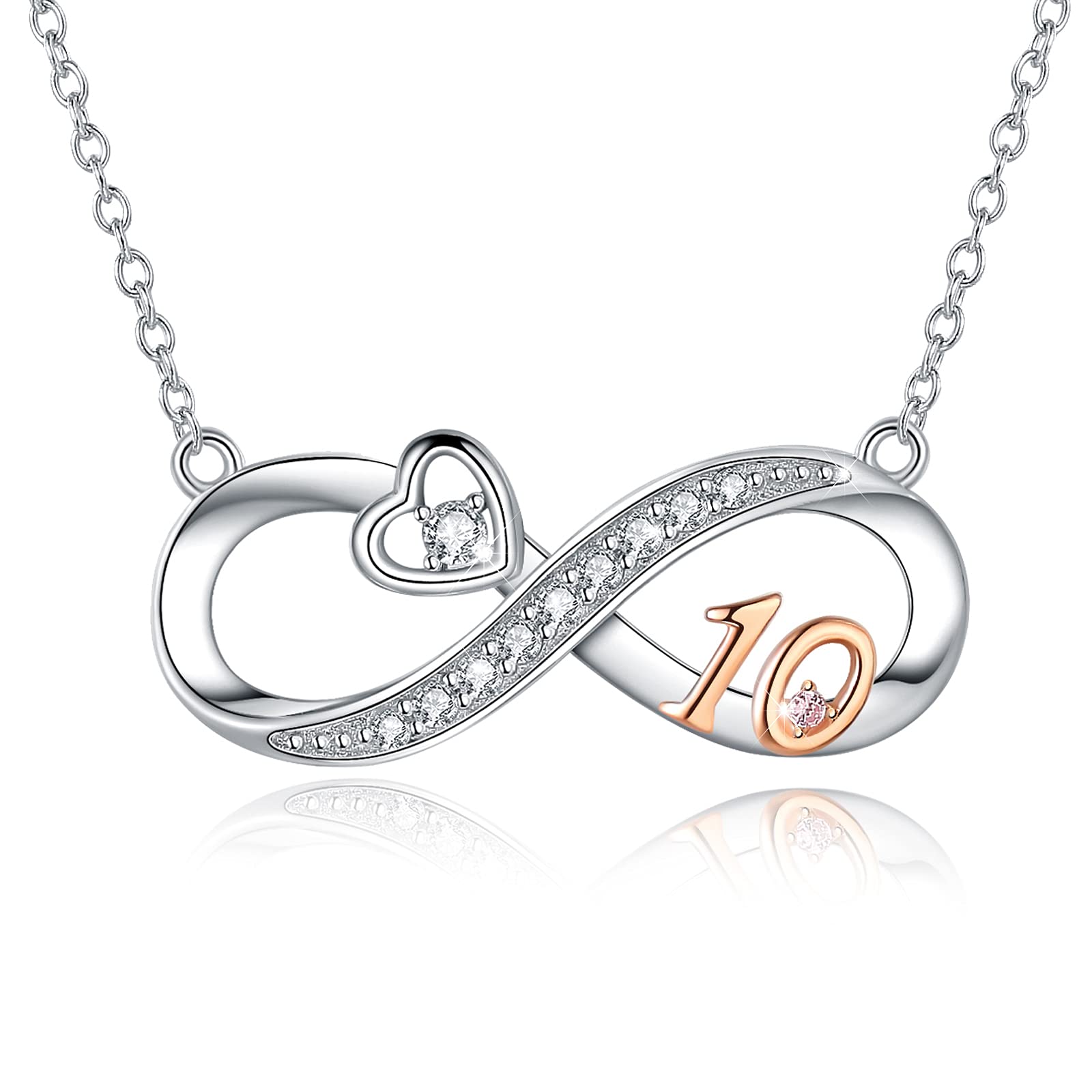 URMWMOO Number Necklace 925 Sterling Silver Infinity Love Heart Anniversary Pendant Necklaces Jewelry 10th Gifts Wedding Valentine Birthday Graduation Gift for Her