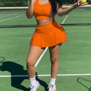 Sexy Sports 2 Piece Outfits - Slim Tank Crop Top High Waist Tennis Golf Pleated Skirt Bodycon Athletic Suit Orange M