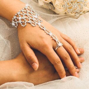 ACEDRE Rhinestone Bride Ring Chain Bracelet Silver Sparkly Crystal Bangle Finger Bracelets Wedding Hand Jewelry for Women