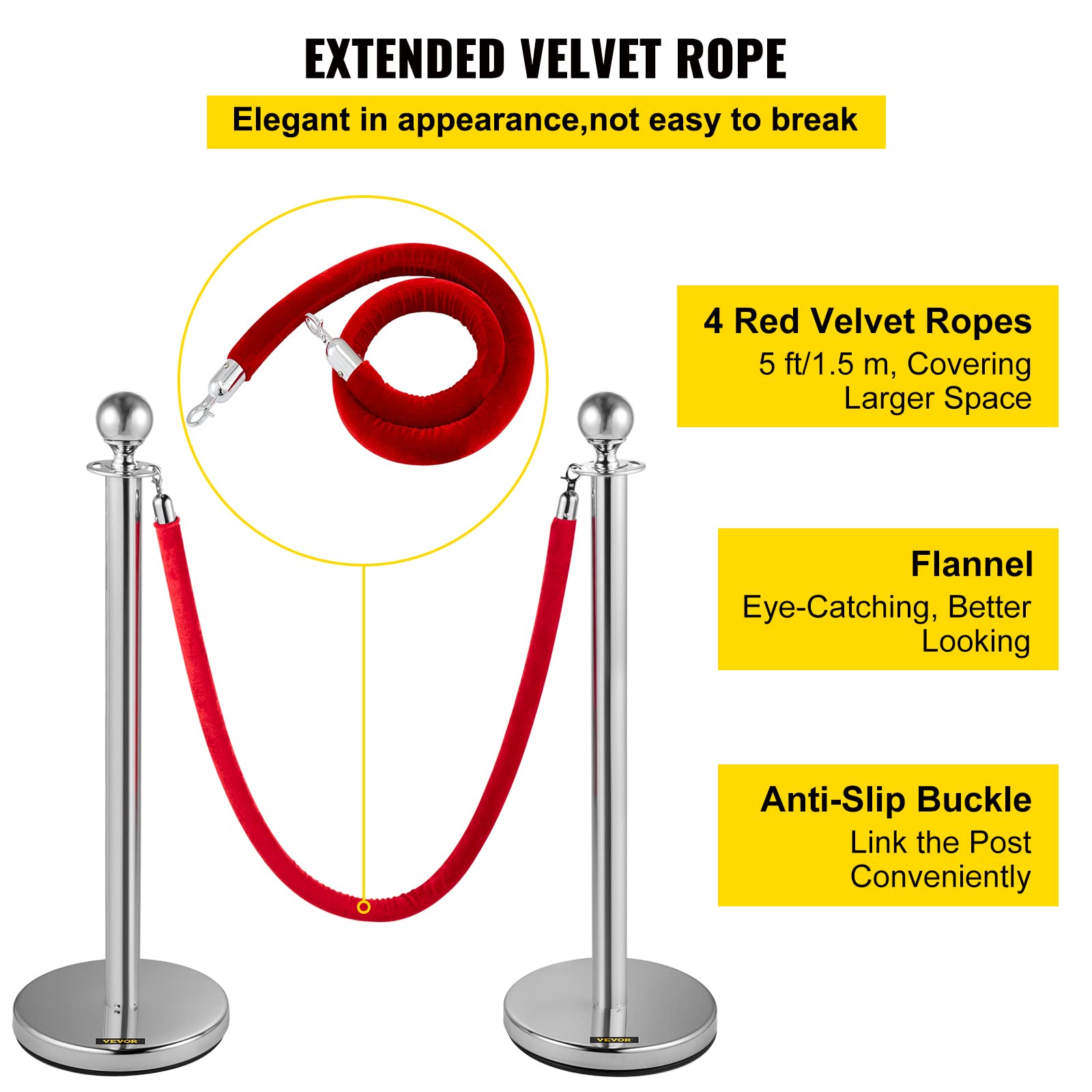 VEVOR Velvet Ropes and Posts 8 Pcs, 5 ft Red Velvet Rope, Stanchion Post with Ball Top, Crowd Control Barriers Silver Stanchions, Red Carpet Poles, Crowd Control Ropes and Poles for Party Supplies