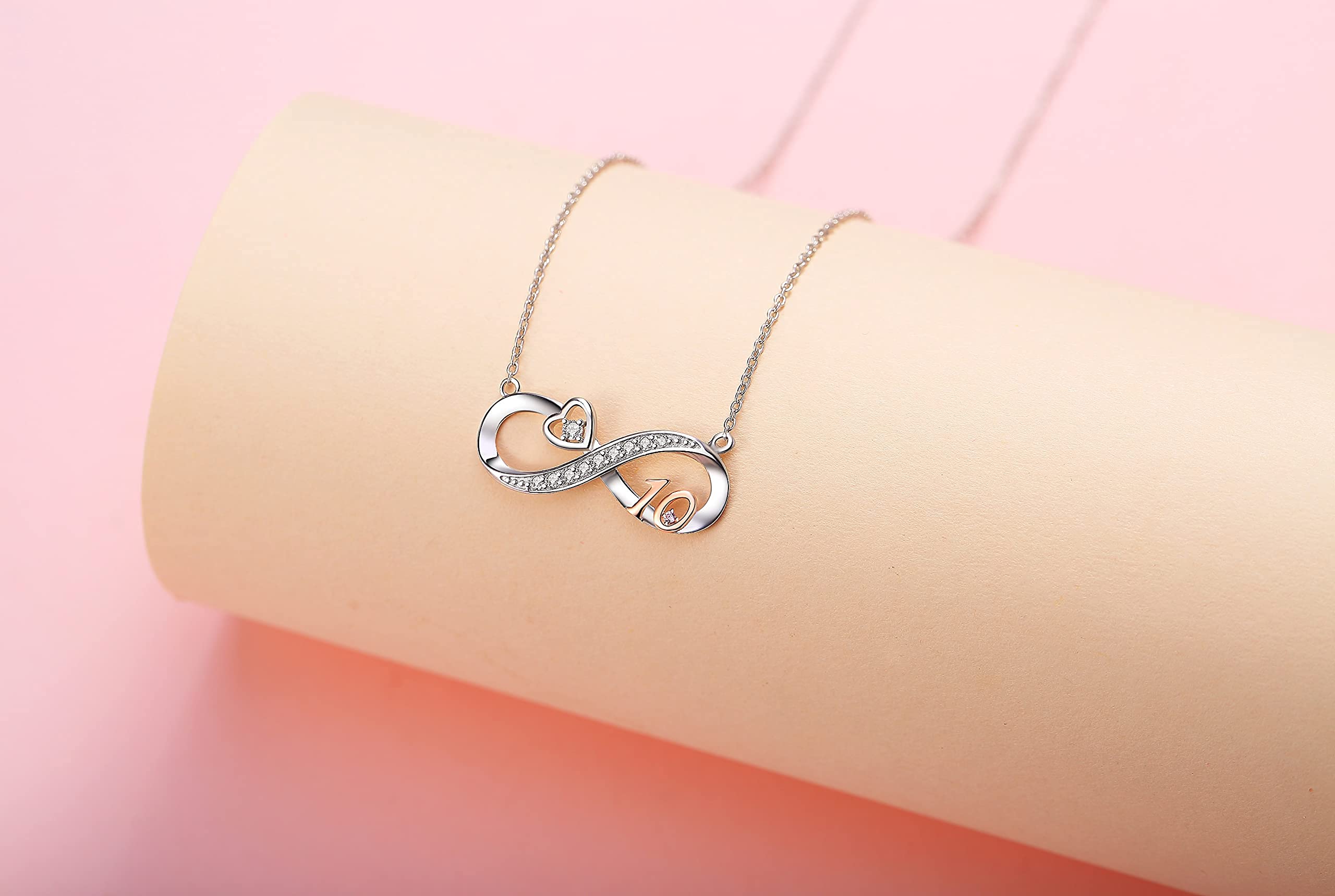 URMWMOO Number Necklace 925 Sterling Silver Infinity Love Heart Anniversary Pendant Necklaces Jewelry 10th Gifts Wedding Valentine Birthday Graduation Gift for Her