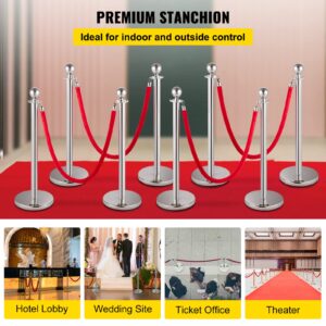 VEVOR Velvet Ropes and Posts 8 Pcs, 5 ft Red Velvet Rope, Stanchion Post with Ball Top, Crowd Control Barriers Silver Stanchions, Red Carpet Poles, Crowd Control Ropes and Poles for Party Supplies