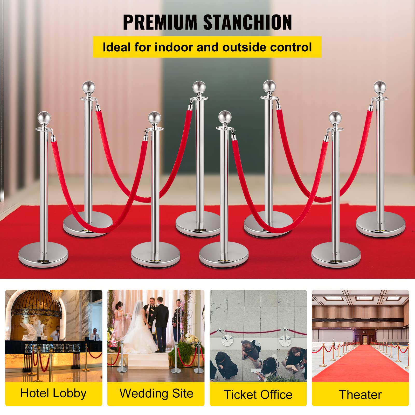 VEVOR Velvet Ropes and Posts 8 Pcs, 5 ft Red Velvet Rope, Stanchion Post with Ball Top, Crowd Control Barriers Silver Stanchions, Red Carpet Poles, Crowd Control Ropes and Poles for Party Supplies