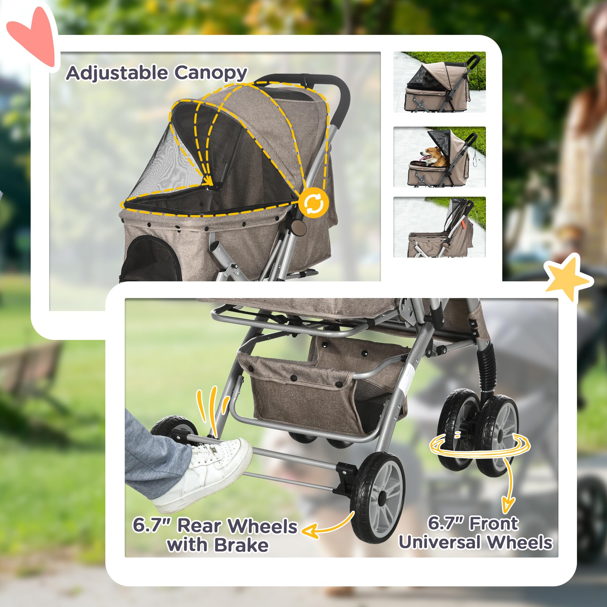 PawHut Dog Stroller for Small Dogs Cats, 4 Wheels One-Click Fold Pet Stroller with Swivel Wheels, Brake, Basket Storage, Safety Belts, Adjustable Canopy, Zippered Mesh Window Door, Brown