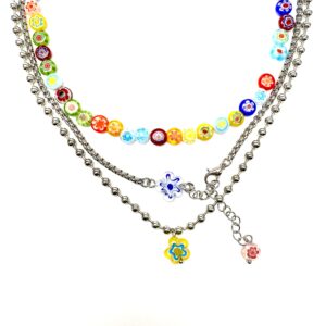 y2k necklace layered colorful beaded necklace y2k bead choker necklaces with flower pendant indie jewelry for teen girls woman 3pcs