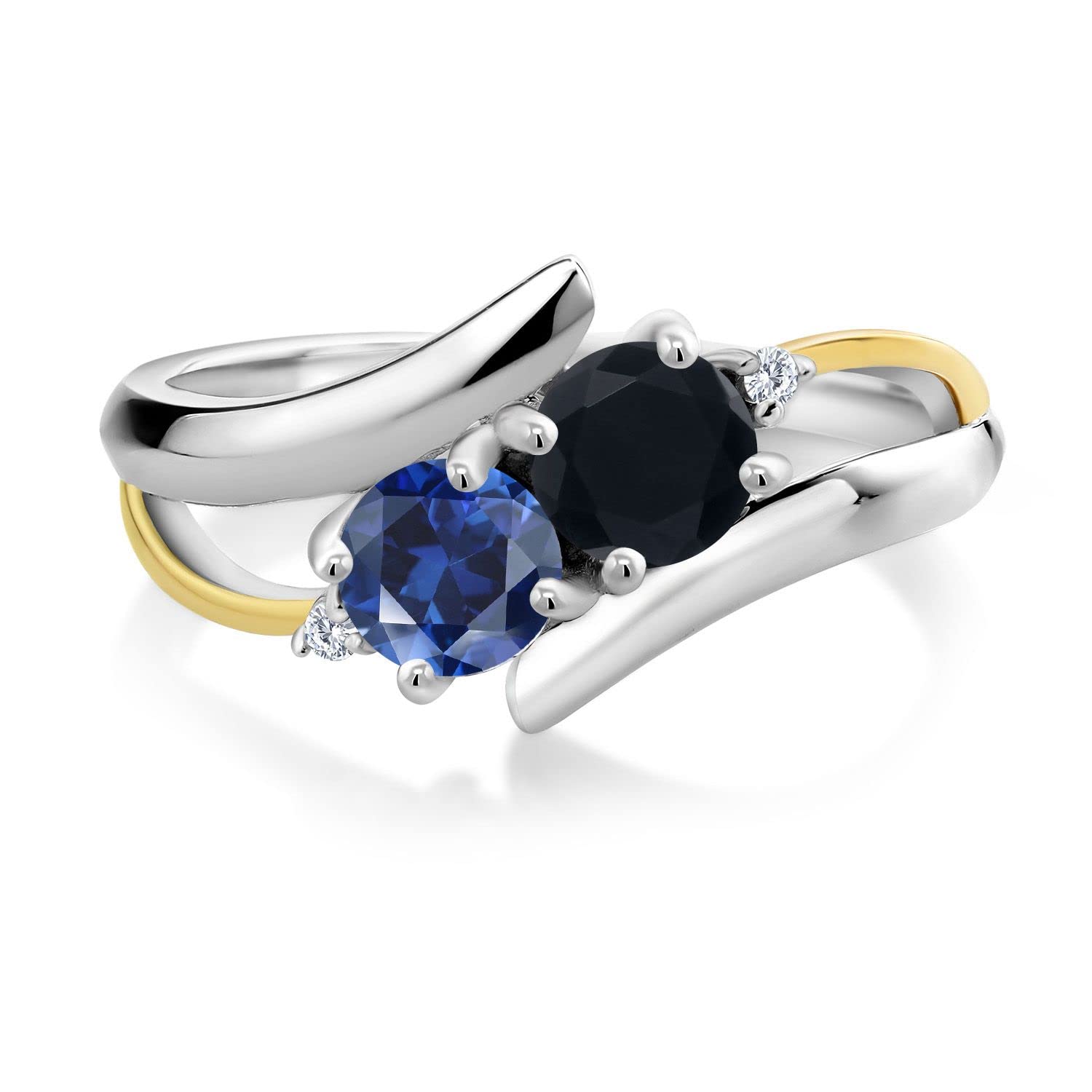 Gem Stone King 1.10 Ct Round Black Onyx Blue Created Sapphire 925 Silver and 10K Yellow Gold Lab Grown Diamond 2 Stone Crossover Ring (Size 8)