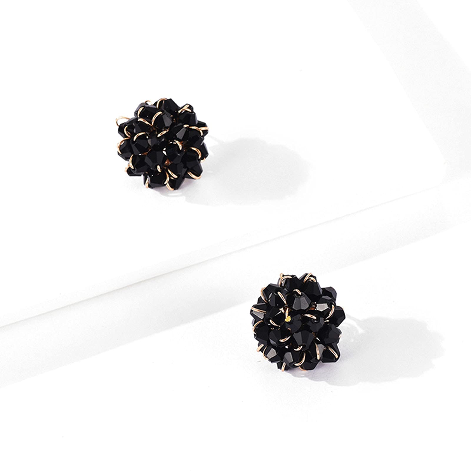 Stud Earrings for Women Black Crystal Flower Cluster Bohemian Sterling Silver Boho Statement Ball Beads