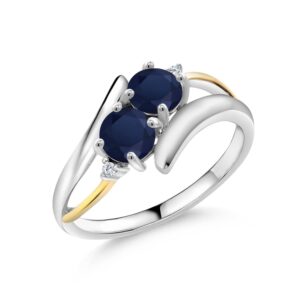 gem stone king 925 sterling silver and 10k yellow gold round blue sapphire and white lab grown diamond 2 stone crossover women ring (1.22 cttw, gemstone birthstone, available in size 5, 6, 7, 8, 9)