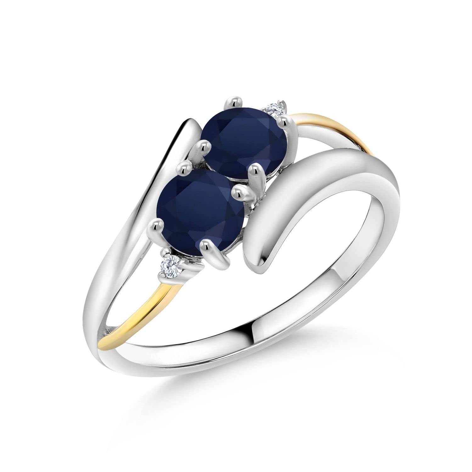 Gem Stone King 925 Sterling Silver and 10K Yellow Gold Round Blue Sapphire and White Lab Grown Diamond 2 Stone Crossover Women Ring (1.22 Cttw, Gemstone Birthstone, Available In Size 5, 6, 7, 8, 9)