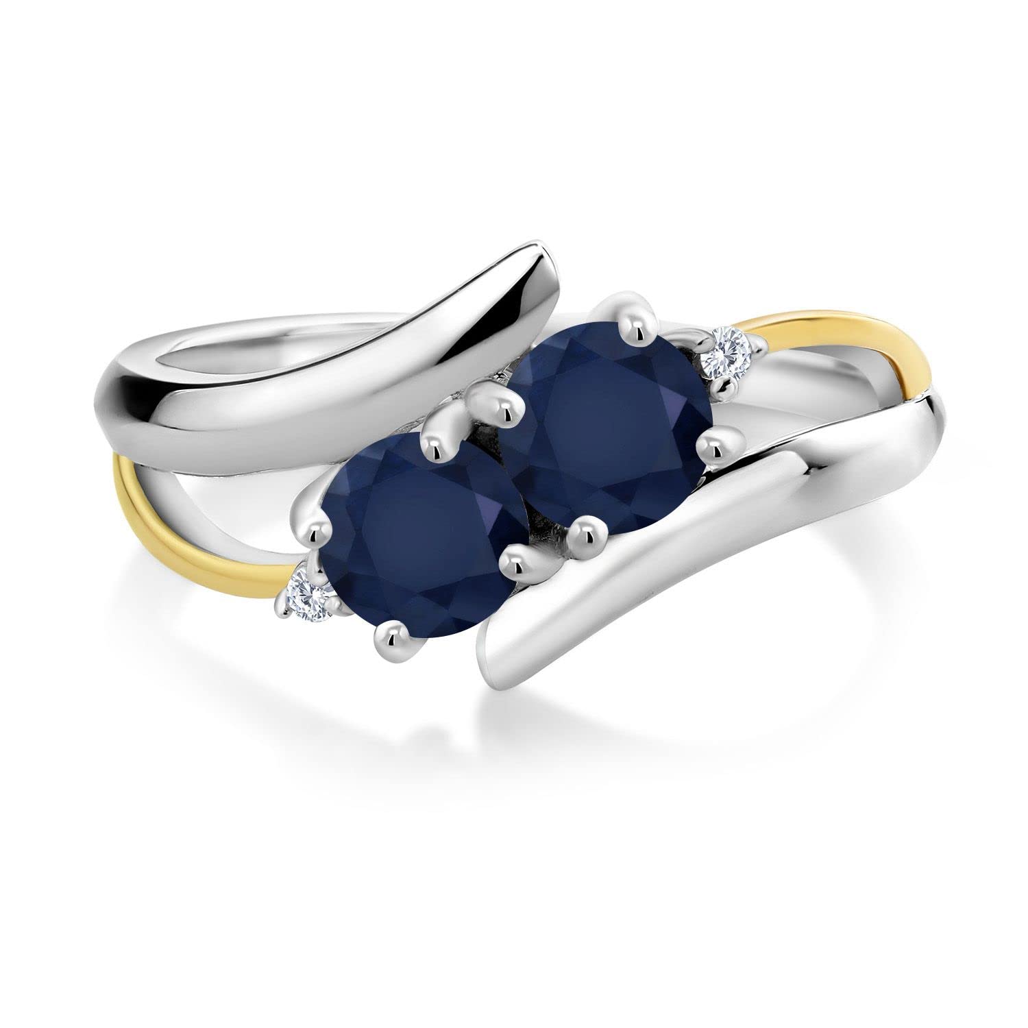 Gem Stone King 925 Sterling Silver and 10K Yellow Gold Round Blue Sapphire and White Lab Grown Diamond 2 Stone Crossover Women Ring (1.22 Cttw, Gemstone Birthstone, Available In Size 5, 6, 7, 8, 9)