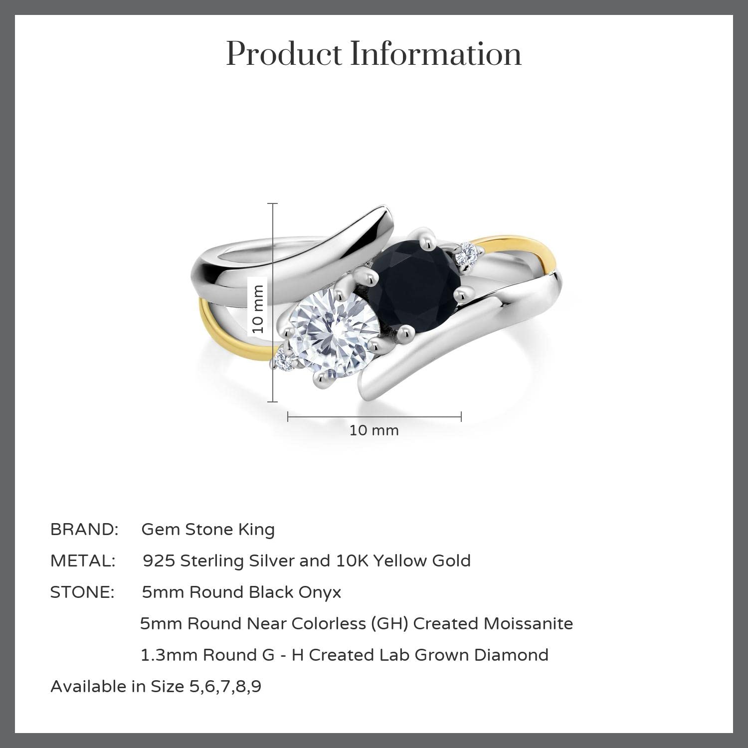 Gem Stone King 925 Silver and 10K Yellow Gold Black Onyx and White Moissanite 2 Stone Crossover Women Ring (0.98cttw, Available in size 5, 6, 7, 8, 9)