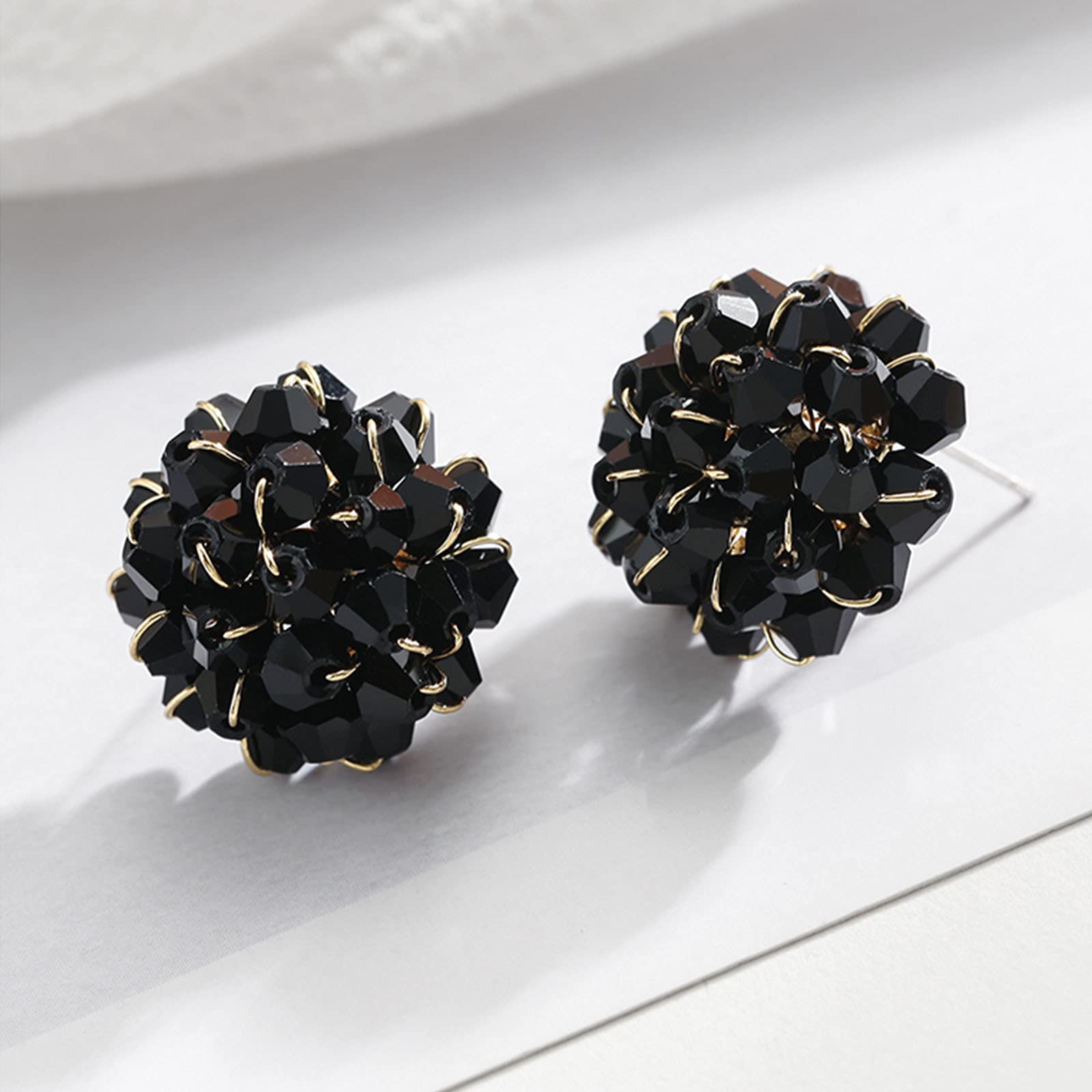 Stud Earrings for Women Black Crystal Flower Cluster Bohemian Sterling Silver Boho Statement Ball Beads