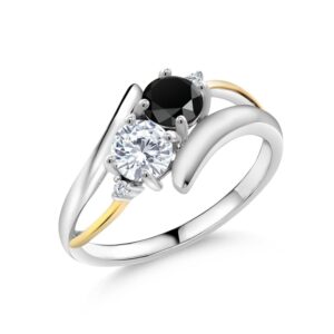 gem stone king 925 silver and 10k yellow gold black onyx and white moissanite 2 stone crossover women ring (0.98cttw, available in size 5, 6, 7, 8, 9)