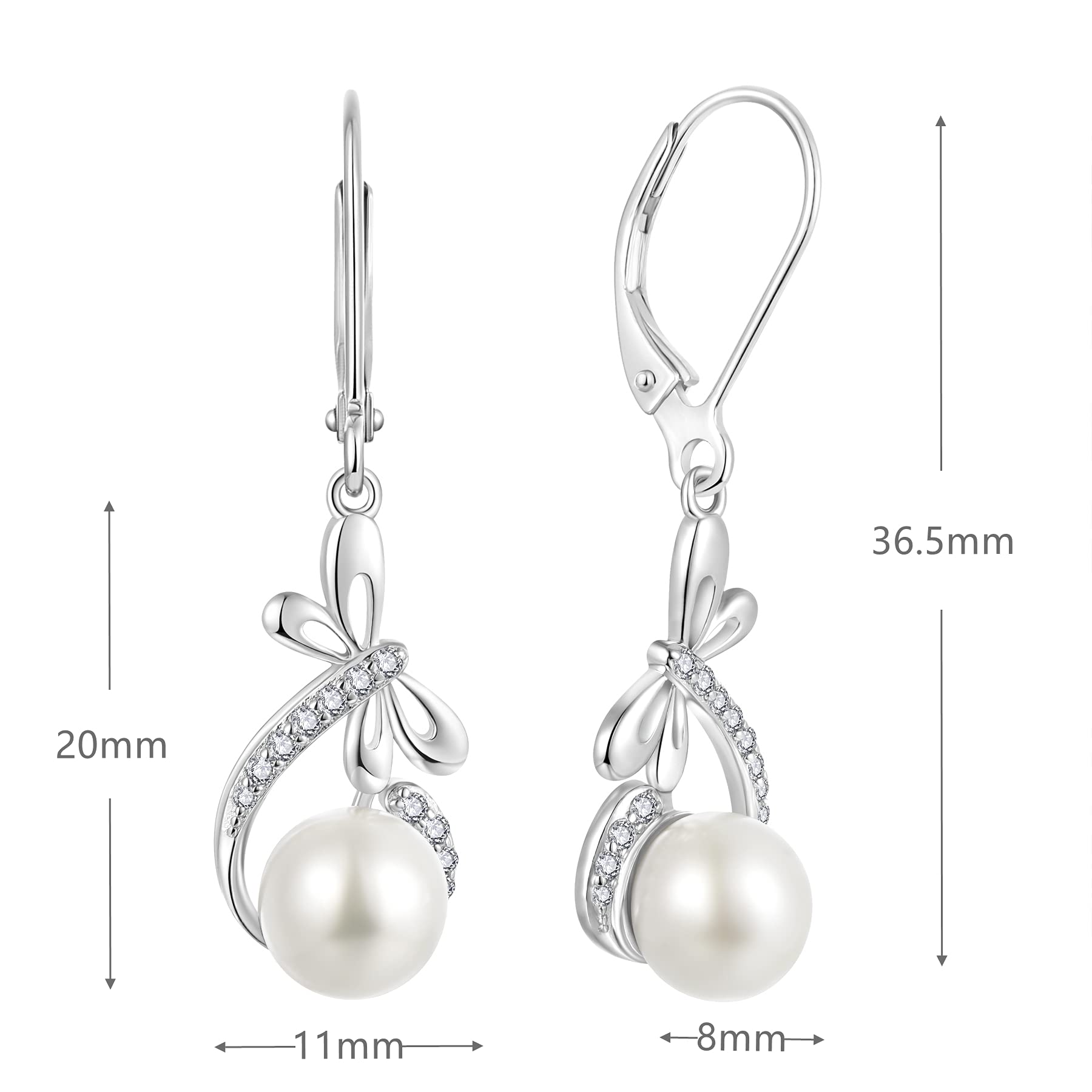 JO WISDOM Women Pearl Earrings 925 Sterling Silver Celtic Infinity Butterfly Dangle & Drop Earrings with 8mm Freshwater Pearl Jewelry