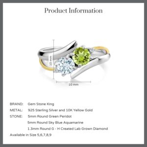 Gem Stone King 925 Silver and 10K Yellow Gold Green Peridot and Sky Blue Aquamarine with Lab Grown Diamond 2 Stone Crossover Women Ring (1.07 Cttw, Available in size 5, 6, 7, 8, 9)