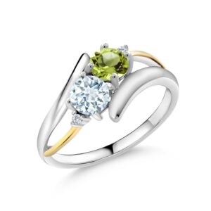 gem stone king 925 silver and 10k yellow gold green peridot and sky blue aquamarine with lab grown diamond 2 stone crossover women ring (1.07 cttw, available in size 5, 6, 7, 8, 9)