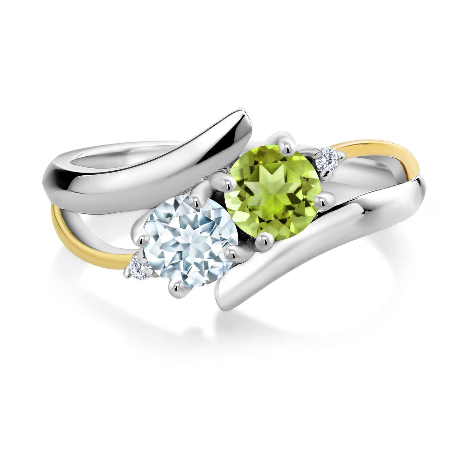 Gem Stone King 925 Silver and 10K Yellow Gold Green Peridot and Sky Blue Aquamarine with Lab Grown Diamond 2 Stone Crossover Women Ring (1.07 Cttw, Available in size 5, 6, 7, 8, 9)