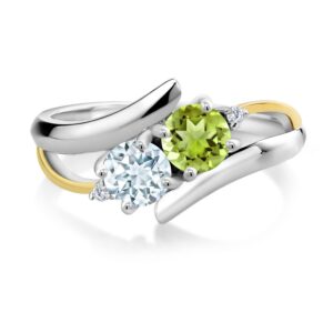 Gem Stone King 925 Silver and 10K Yellow Gold Green Peridot and Sky Blue Aquamarine with Lab Grown Diamond 2 Stone Crossover Women Ring (1.07 Cttw, Available in size 5, 6, 7, 8, 9)