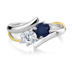 Gem Stone King 925 Sterling Silver and 10K Yellow Gold Blue Sapphire and White Lab Grown Diamond 2 Stone Crossover Ring For Women (1.12 Cttw, Gemstone Birthstone, Available In Size 5, 6, 7, 8, 9)