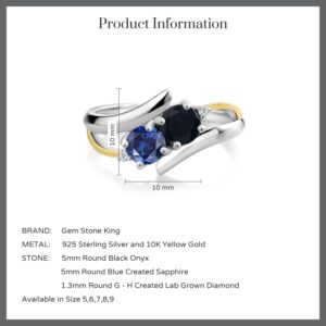 Gem Stone King 1.10 Ct Round Black Onyx Blue Created Sapphire 925 Silver and 10K Yellow Gold Lab Grown Diamond 2 Stone Crossover Ring (Size 8)