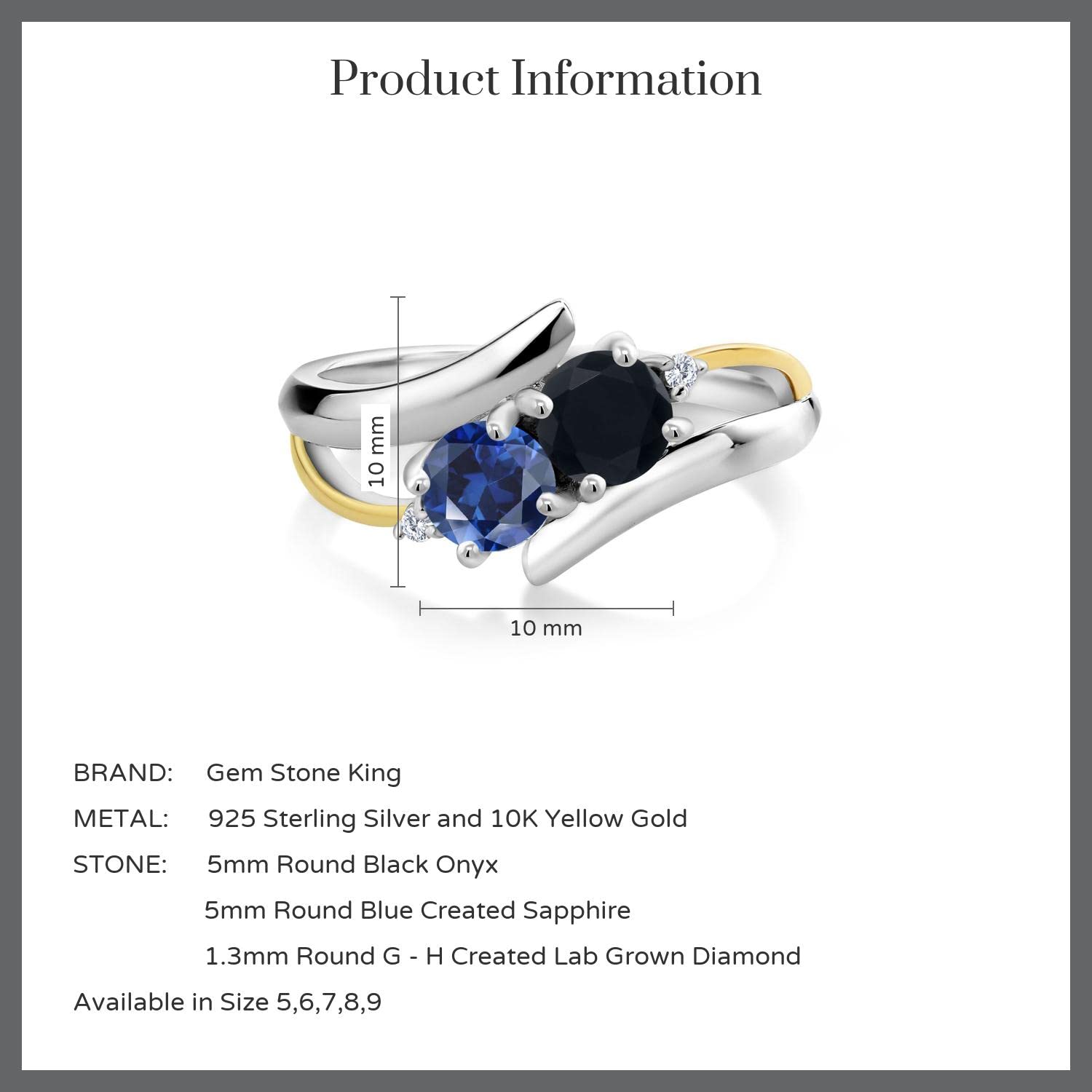 Gem Stone King 1.10 Ct Round Black Onyx Blue Created Sapphire 925 Silver and 10K Yellow Gold Lab Grown Diamond 2 Stone Crossover Ring (Size 8)