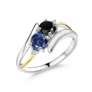 gem stone king 1.10 ct round black onyx blue created sapphire 925 silver and 10k yellow gold lab grown diamond 2 stone crossover ring (size 8)