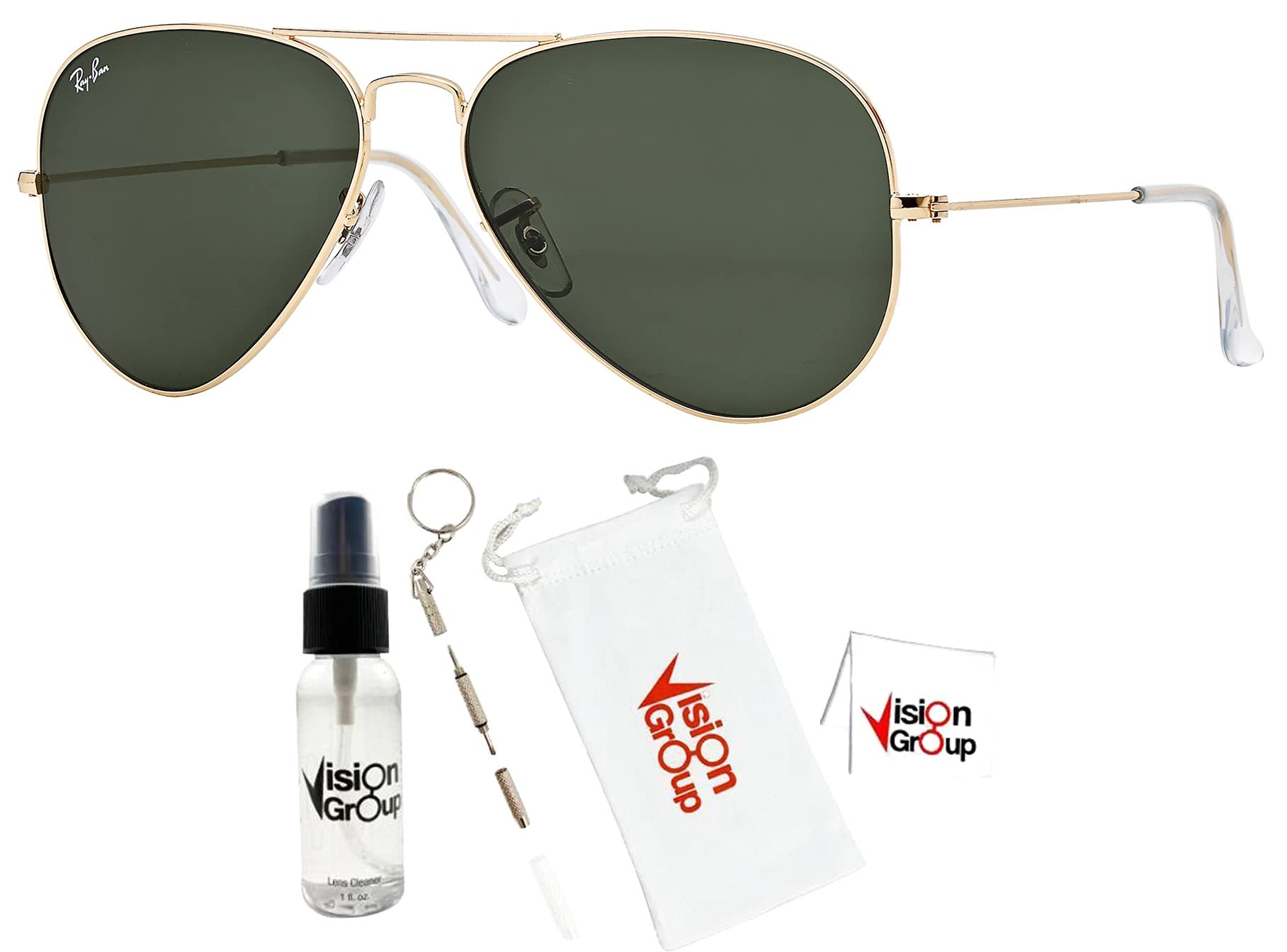 Ray-Ban RB3025 Metal Aviator Sunglasses + Vision Group Accessories Bundle,unisex-adult (Arista/Crystal Green, 58)