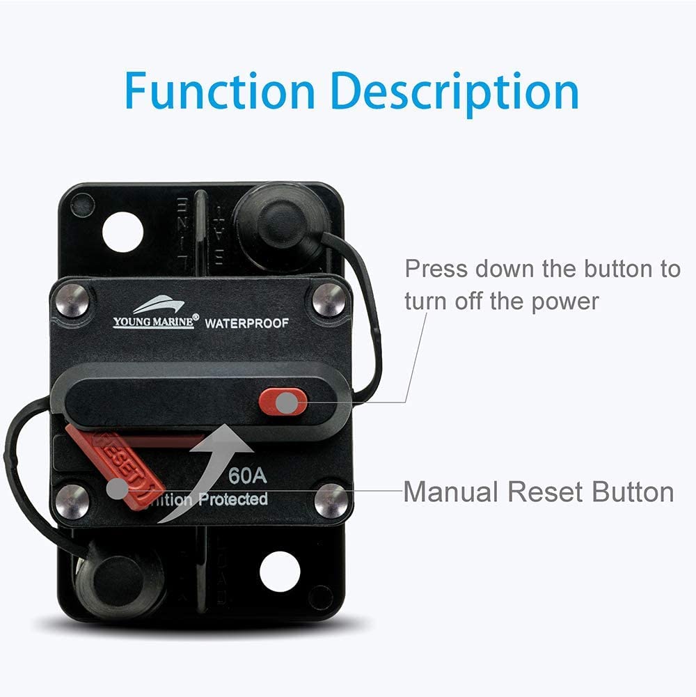 Young Marine Circuit Breaker for Boat Trolling with Manual Reset,Water Proof,12V- 48V DC (Surface Mount-90A)