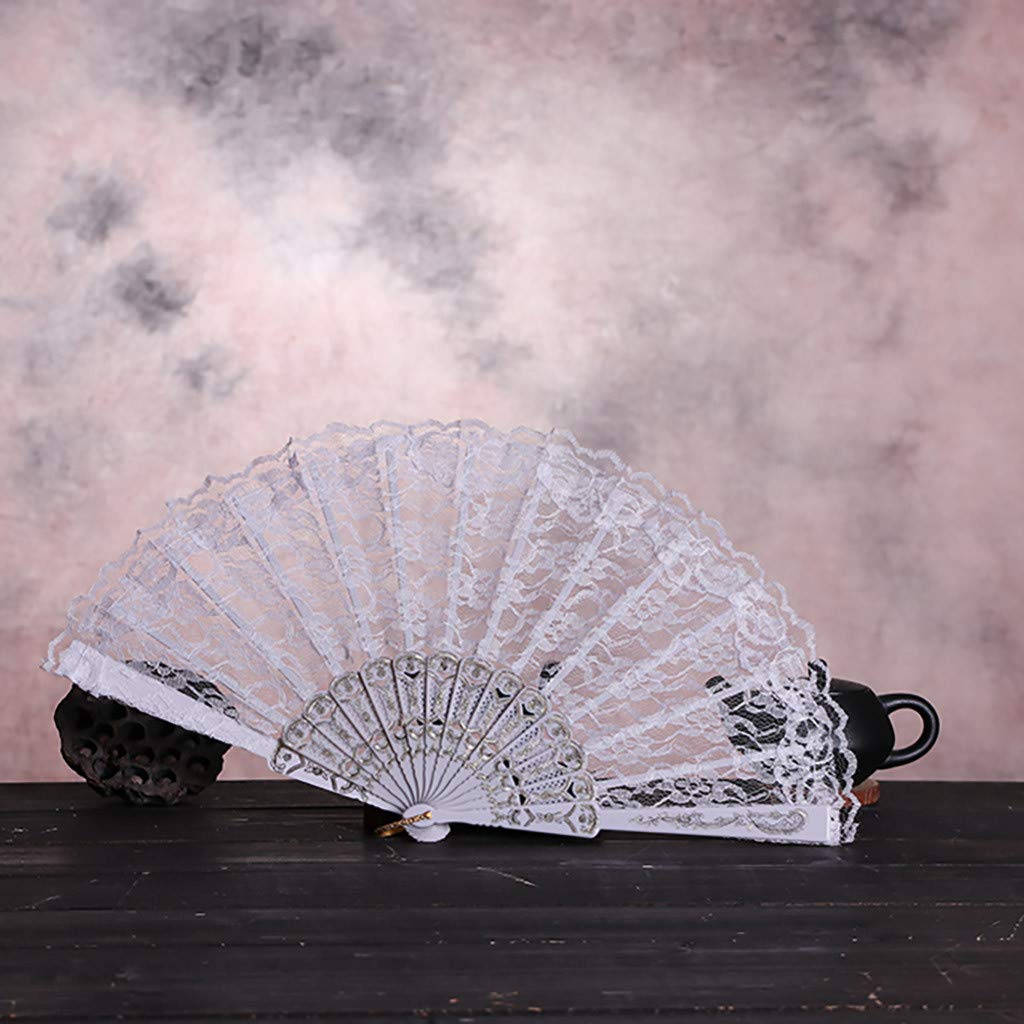 DUO ER Chinese Style Fans Dance Wedding Party Lace Silk Folding Hand Held Flower Fan Hollow Lace (Color : Pink)