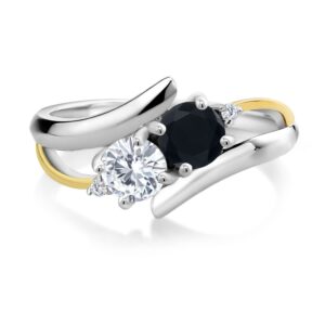 Gem Stone King 925 Silver and 10K Yellow Gold Black Onyx and White Moissanite 2 Stone Crossover Women Ring (0.98cttw, Available in size 5, 6, 7, 8, 9)