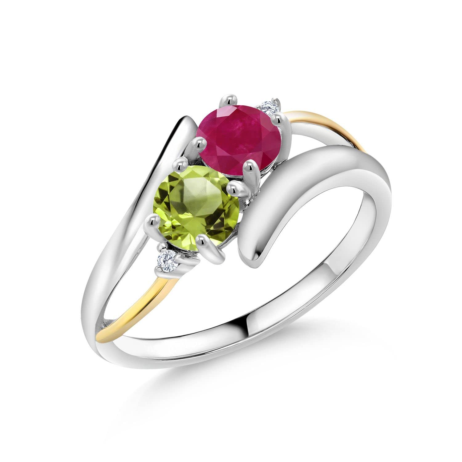 Gem Stone King 1.12 Ct Round Red Ruby Green Peridot 925 Silver and 10K Yellow Gold Lab Grown Diamond 2 Stone Crossover Ring (Size 7)