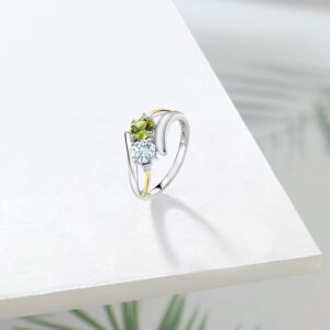 Gem Stone King 925 Silver and 10K Yellow Gold Green Peridot and Sky Blue Aquamarine with Lab Grown Diamond 2 Stone Crossover Women Ring (1.07 Cttw, Available in size 5, 6, 7, 8, 9)