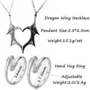 Love Hug Hand Rings for Women Men Adjustable Double Hugging Hands Rings Demon Wing Hand Promise Rings Necklace Set BFF BBF Jewelry Gift 4Pcs Set