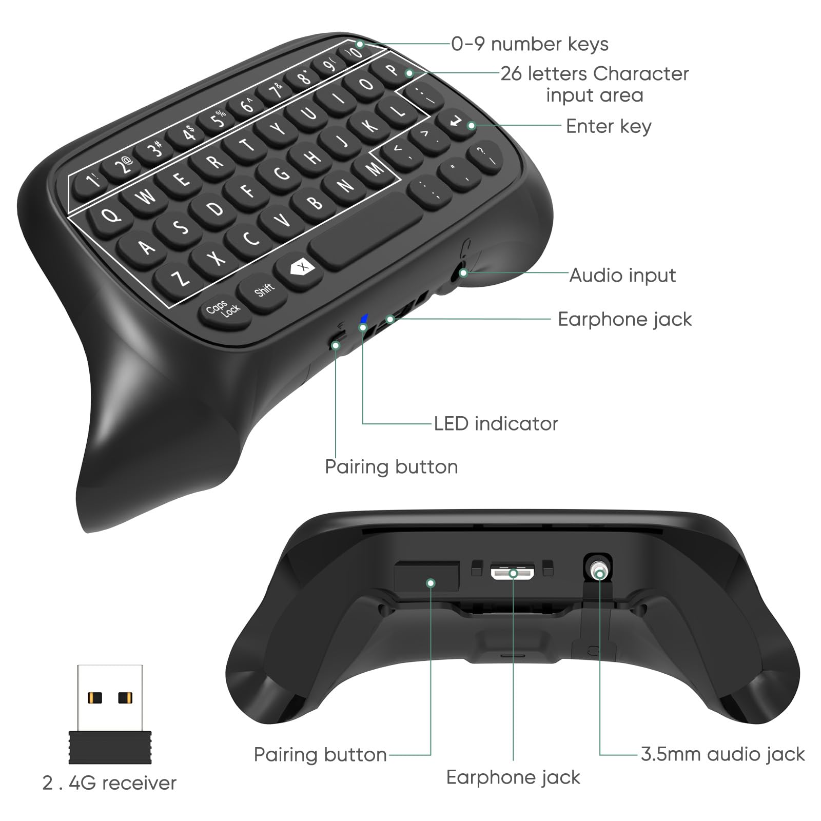 Wireless Controller Keyboards for Xbox Series X/S, 2.4G USB Receiver Controller Qwerty Keypad & Chatpad with 3.5mm Audio/Original Jack, Text Message & Voice Chat, for Xbox Series S/Series X/One/One S