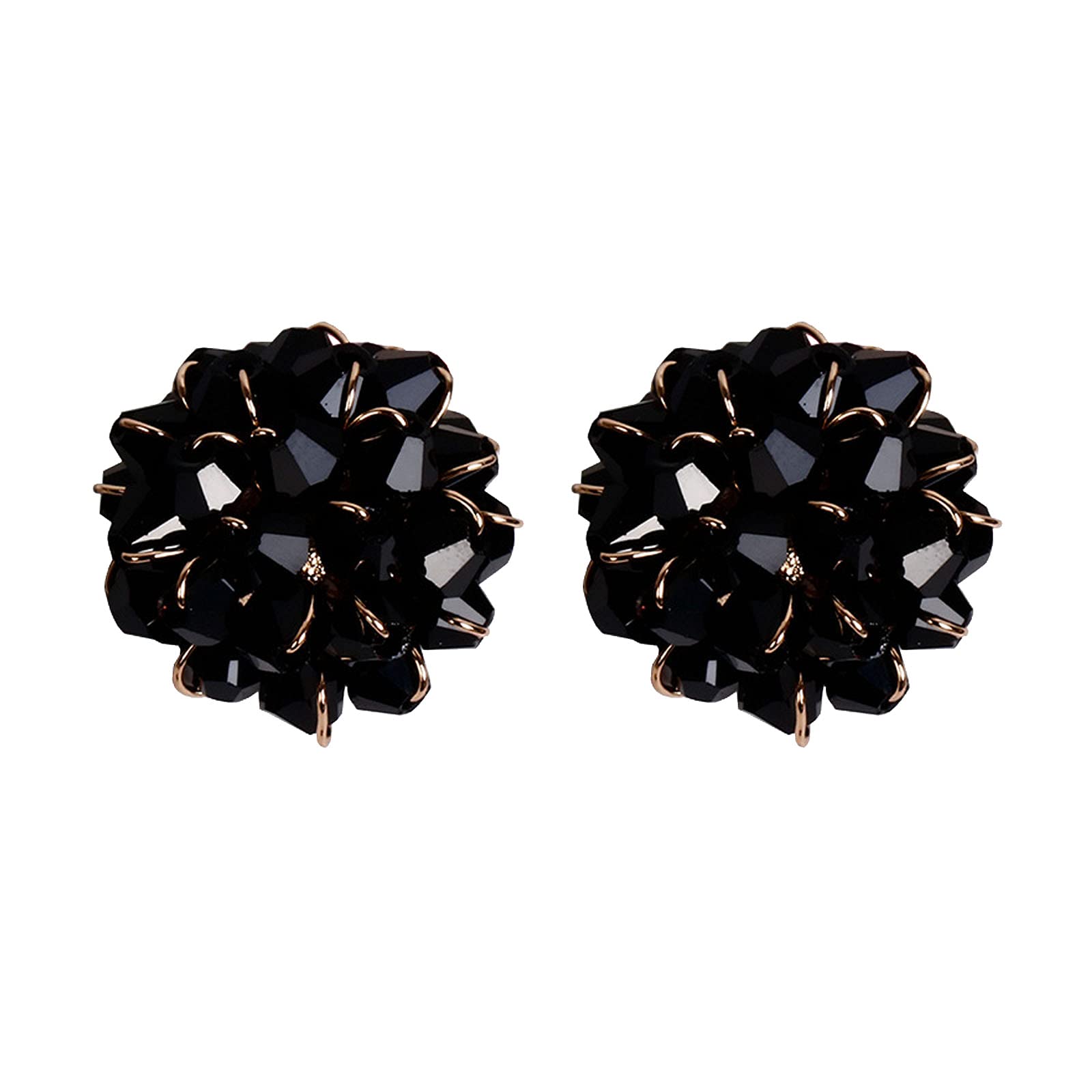 Stud Earrings for Women Black Crystal Flower Cluster Bohemian Sterling Silver Boho Statement Ball Beads