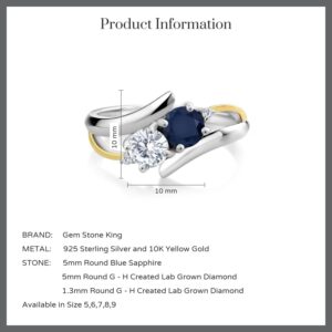 Gem Stone King 925 Sterling Silver and 10K Yellow Gold Blue Sapphire and White Lab Grown Diamond 2 Stone Crossover Ring For Women (1.12 Cttw, Gemstone Birthstone, Available In Size 5, 6, 7, 8, 9)