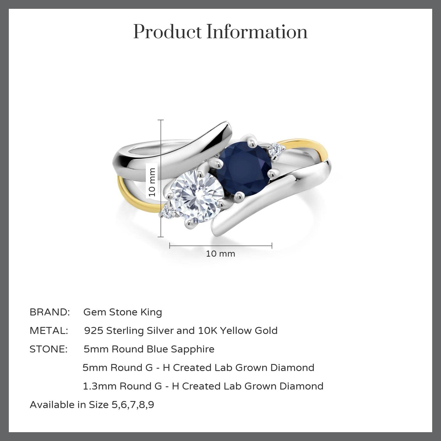 Gem Stone King 925 Sterling Silver and 10K Yellow Gold Blue Sapphire and White Lab Grown Diamond 2 Stone Crossover Ring For Women (1.12 Cttw, Gemstone Birthstone, Available In Size 5, 6, 7, 8, 9)