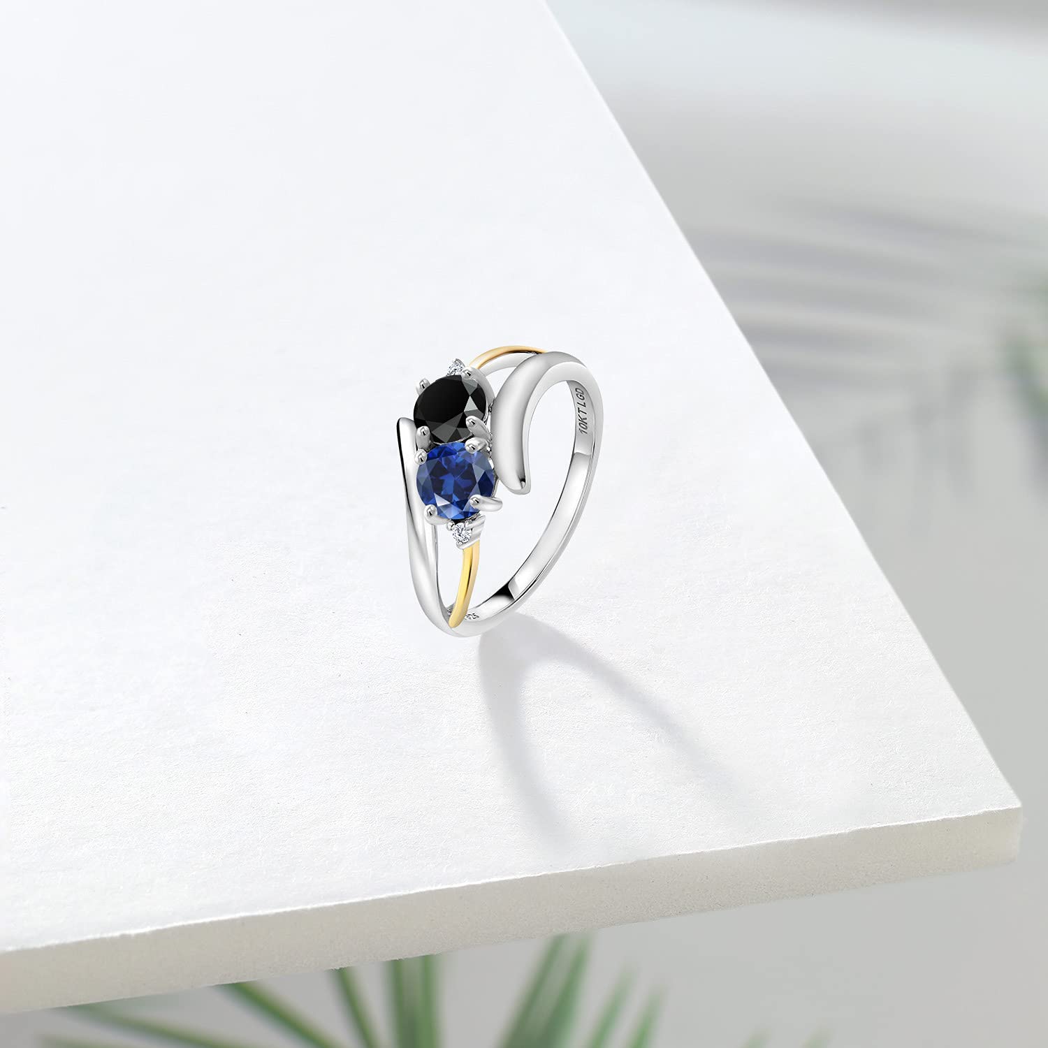 Gem Stone King 1.10 Ct Round Black Onyx Blue Created Sapphire 925 Silver and 10K Yellow Gold Lab Grown Diamond 2 Stone Crossover Ring (Size 8)