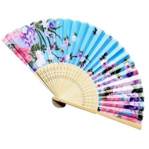 duo er vintage bamboo folding hand held flower fan chinese dance party pocket gifts (color : light blue)