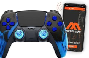 moddedzone custom rapid fire, anti recoil, macros modded wireless controller for ps5 & pc - unique smart mods for ps5 controller controlled by the app. best for fps games. enhanced gaming experience (blue fire)