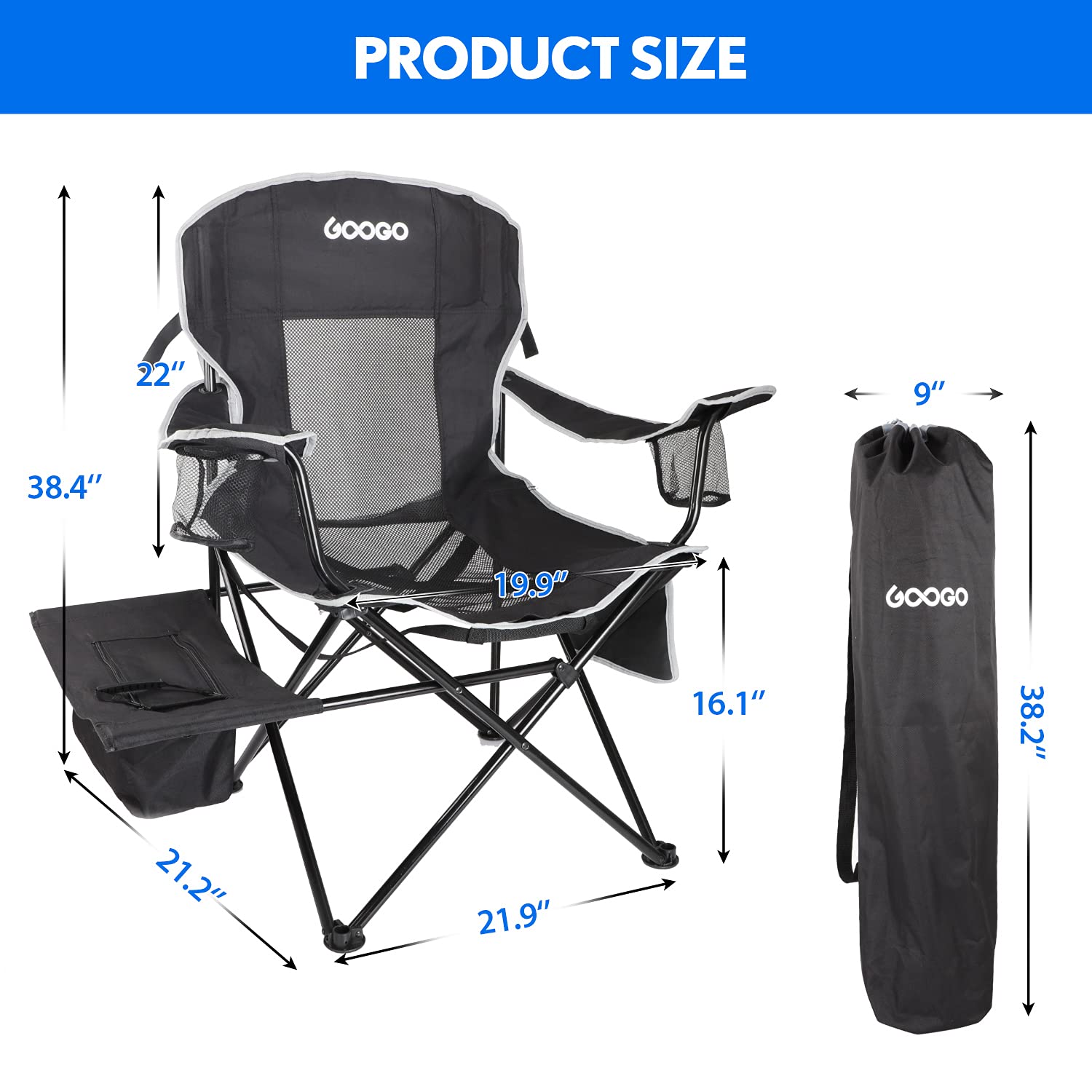 GOOGO Camping Chair Folding, Oversize Portable Lightweight Chair with Cooler, Cup Holder, Mesh Back Seat, Supports 300lbs, Collapsible Compact Chair with Carry Bag & Strap for Outdoor, Camp, Hiking