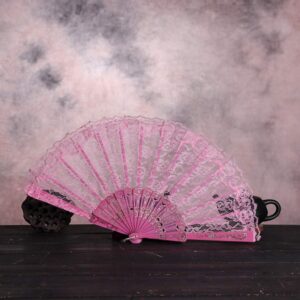 DUO ER Chinese Style Fans Dance Wedding Party Lace Silk Folding Hand Held Flower Fan Hollow Lace (Color : Pink)