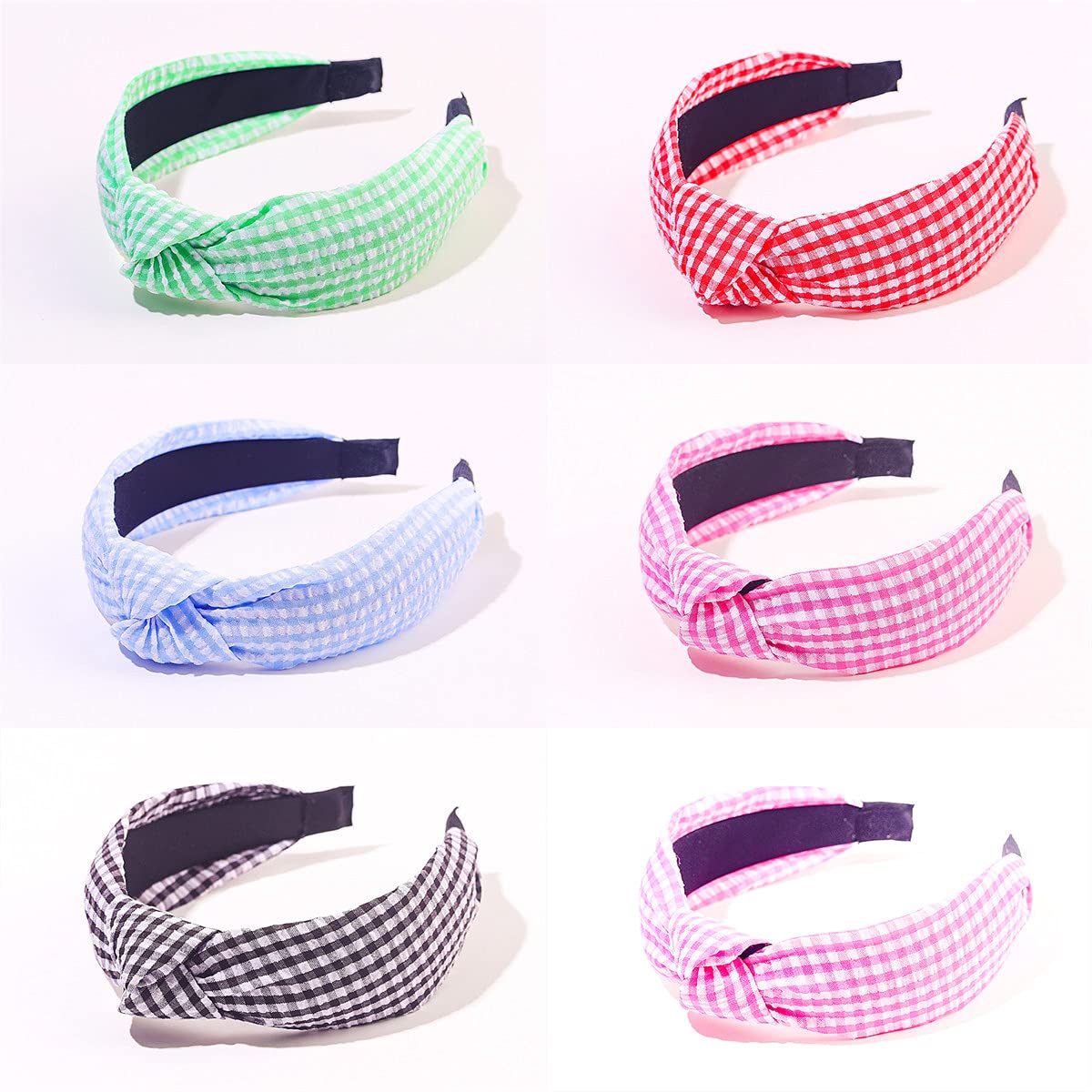 CULHEITE 6 Pieces Seersucker Knotted Headbands for Women Striped Gingham Plaid Hairband Elastic Wide Hair Hoop Summer Holiday Fashion Hair Accessory