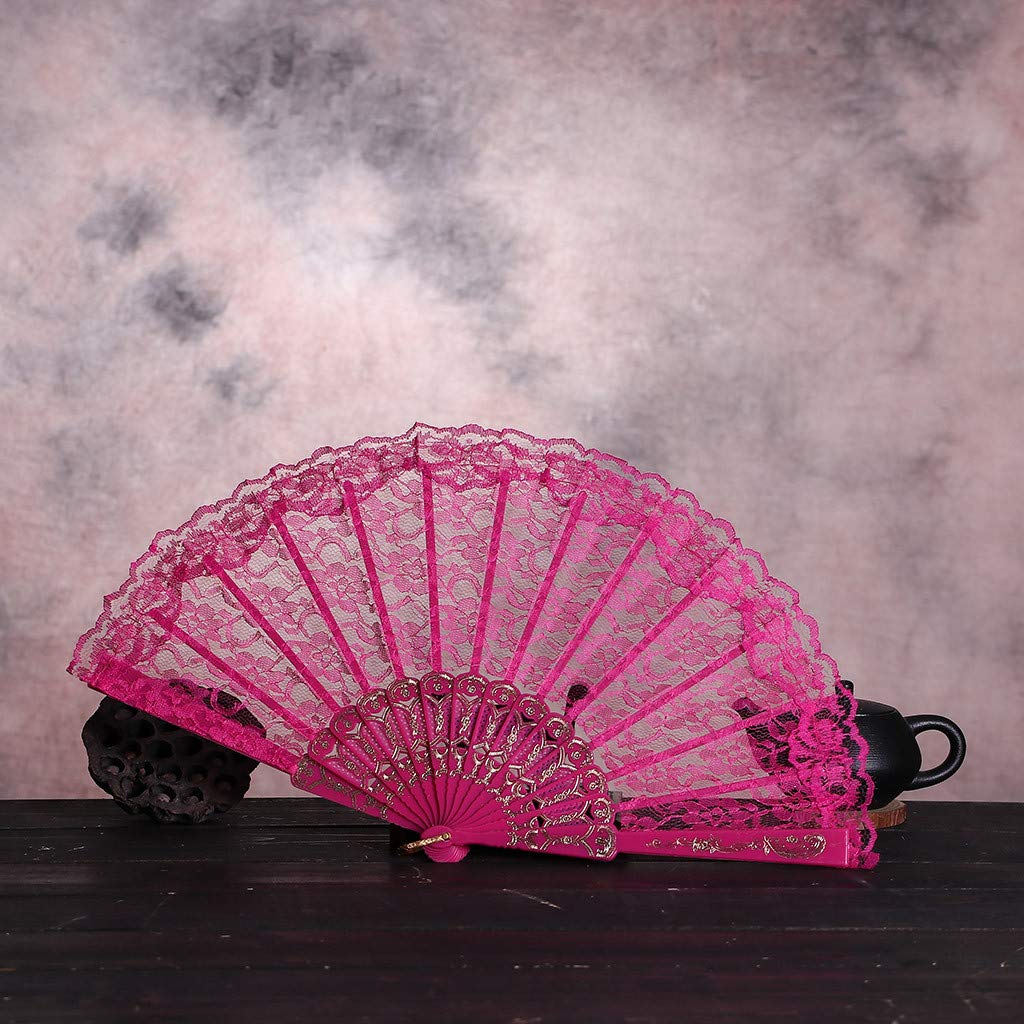 DUO ER Chinese Style Fans Dance Wedding Party Lace Silk Folding Hand Held Flower Fan Hollow Lace (Color : Pink)