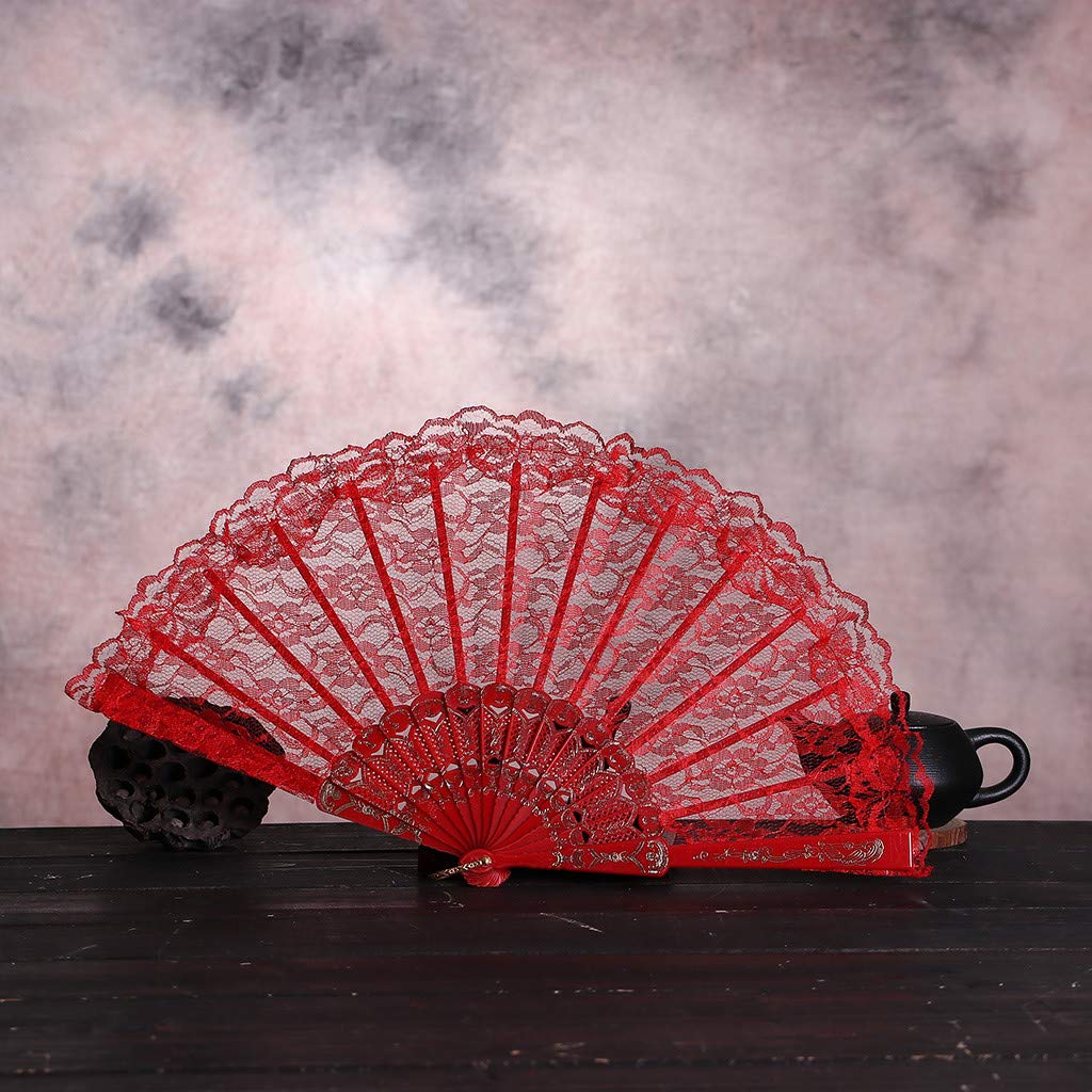 DUO ER Chinese Style Fans Dance Wedding Party Lace Silk Folding Hand Held Flower Fan Hollow Lace (Color : Pink)