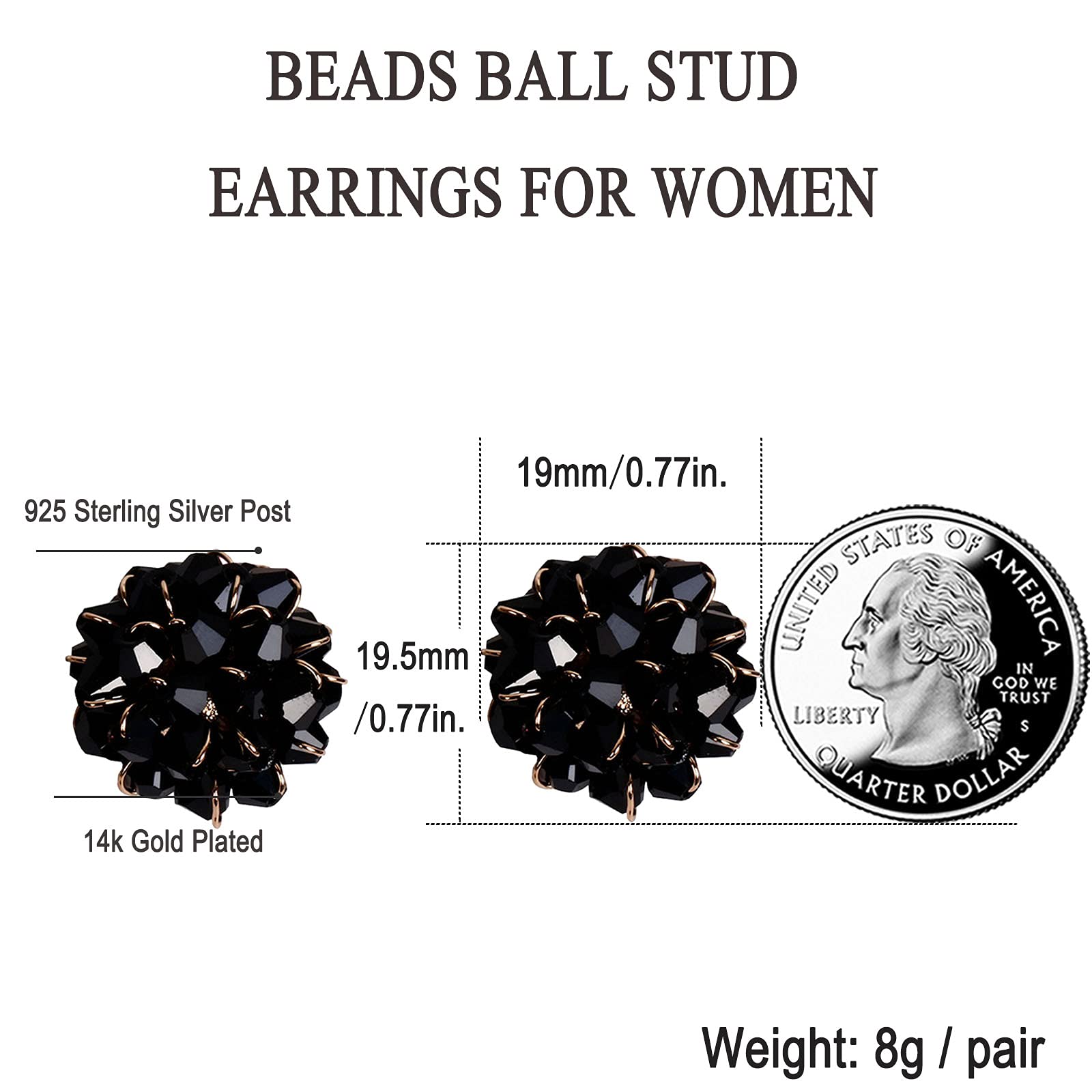 Stud Earrings for Women Black Crystal Flower Cluster Bohemian Sterling Silver Boho Statement Ball Beads